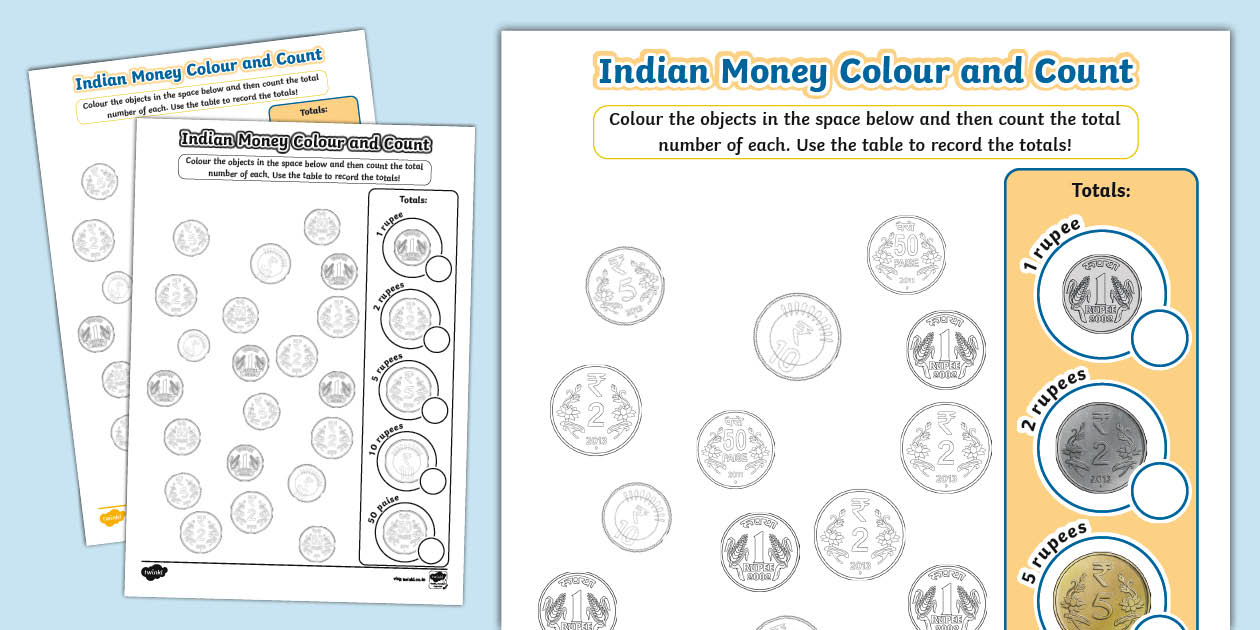 Indian Money Colour and Count Worksheet (teacher made)