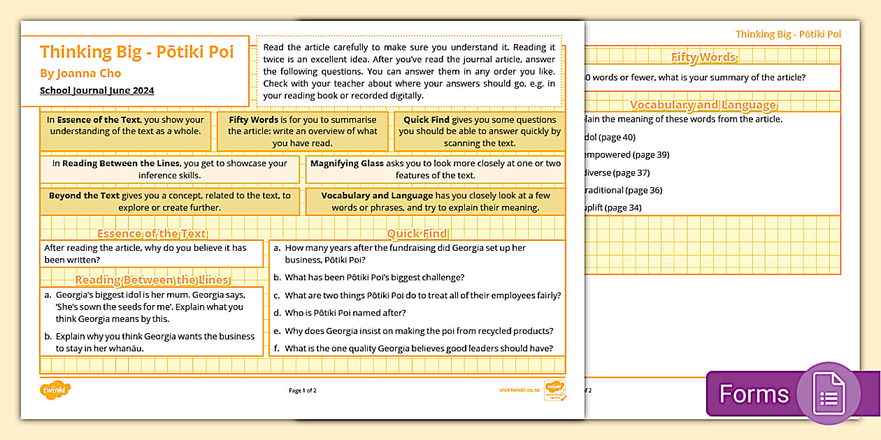 Level 4 June 2024 School Journal: Thinking Big - Pōtiki Poi Article
