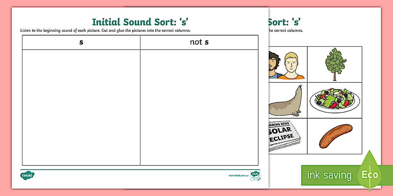 SA Initial Sound Sort 's' Cut and Glue Worksheets