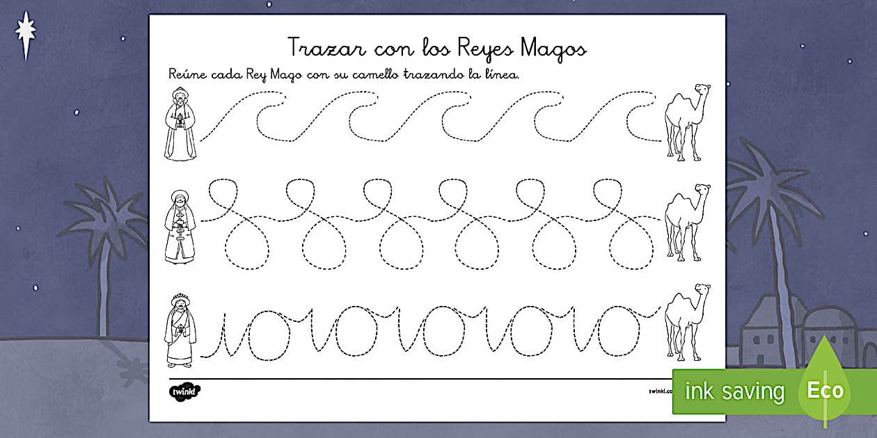 Ficha de motricidad fina Trazar con los Reyes Magos