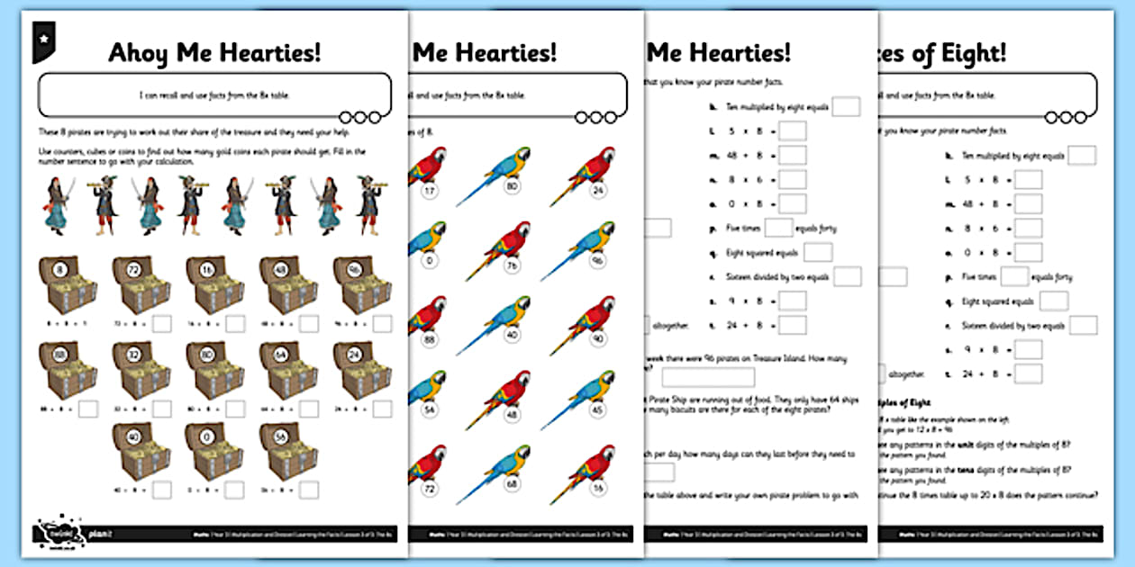 Black and White Pirate-Themed Multiples of 8 Worksheets Pack
