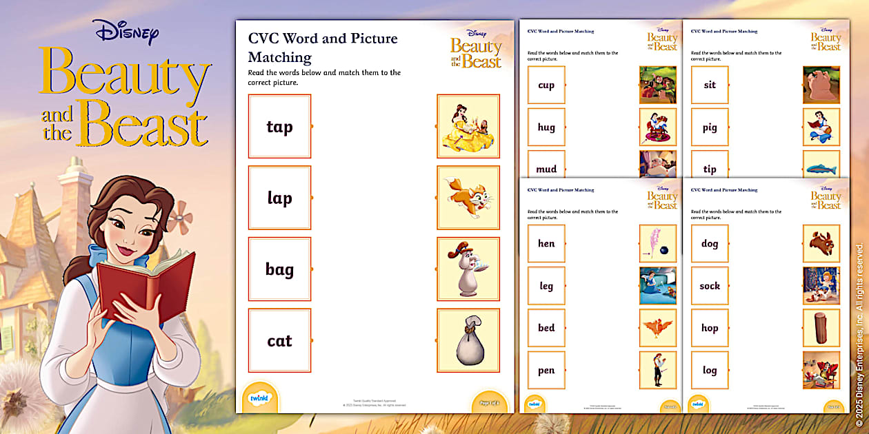 Beauty and the Beast: CVC Word and Picture Matching Worksheets