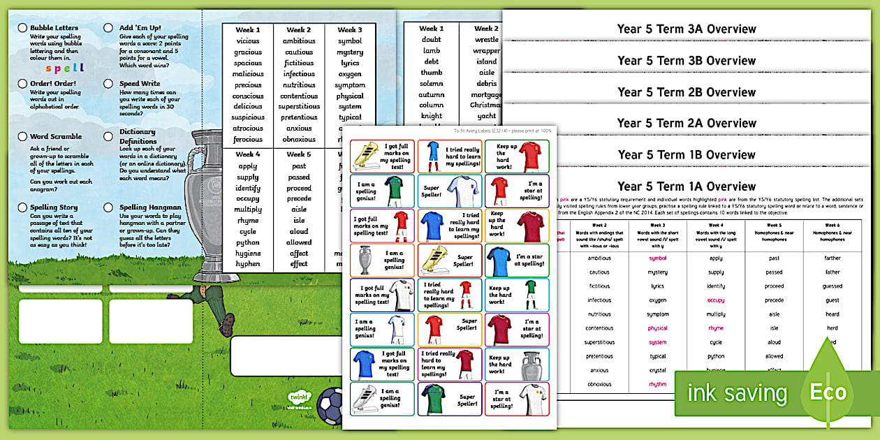 Editable Year 5 Football Themed Spelling Menu Pack - Twinkl