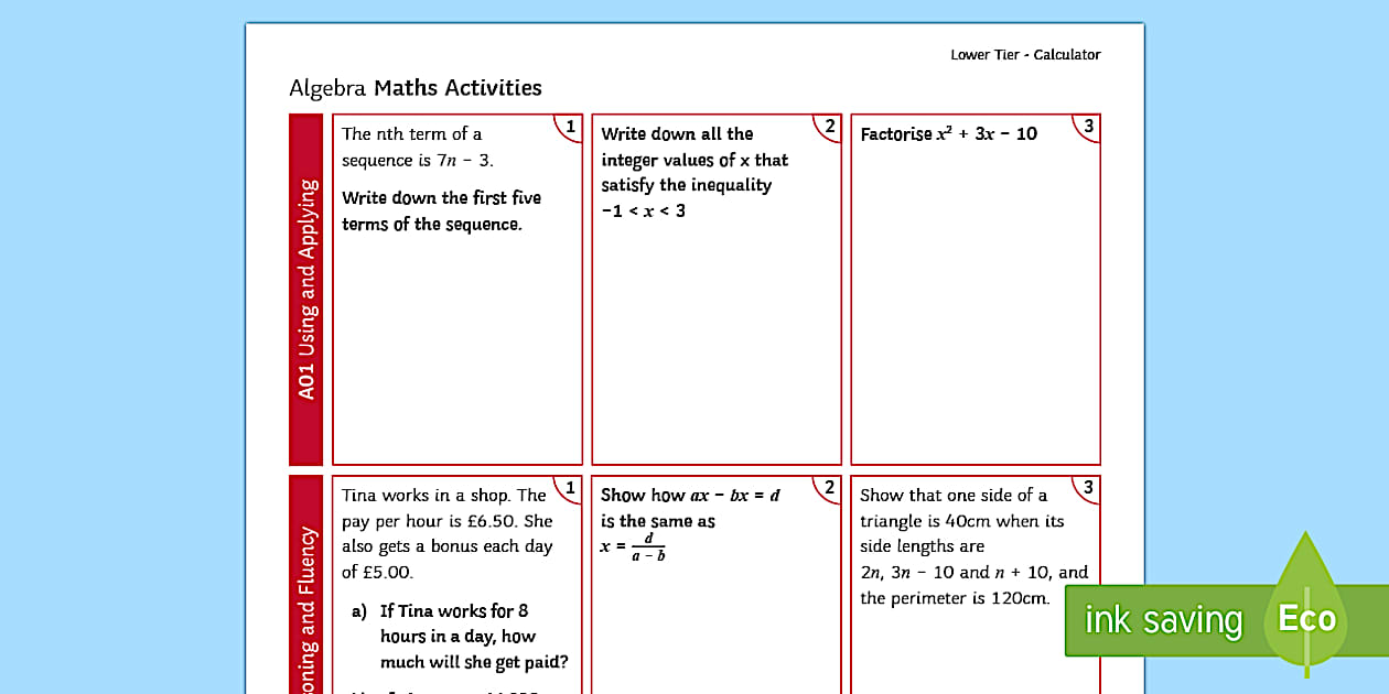 Foundation: Ultimate Algebra Revision (Calculator) Activity Mat
