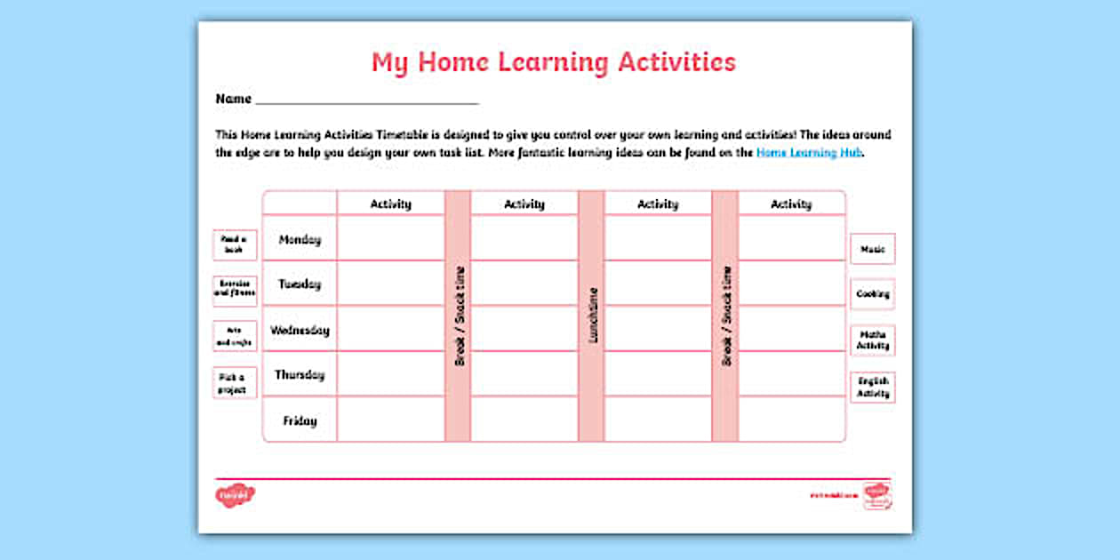 My Home Learning Activity Timetable with Ideas - Ages 7-11