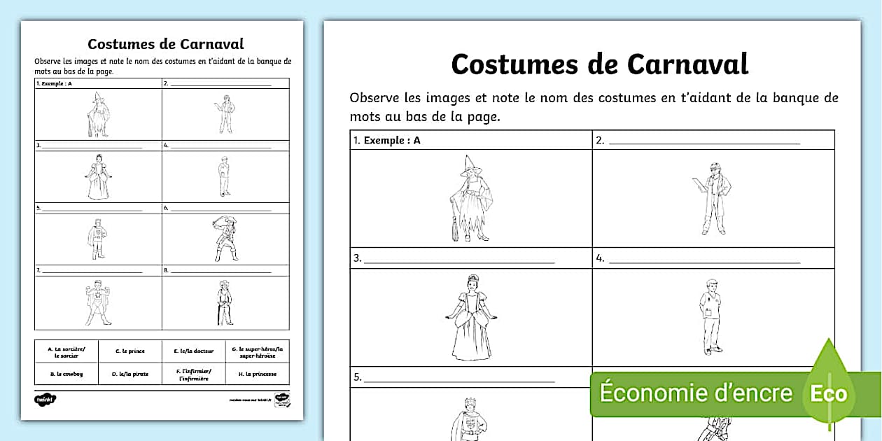 Fiche d'activités sur les costumes de Carnaval