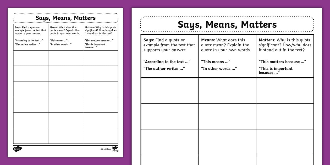 Says, Means, Matters Worksheet for 6th-8th Grade - Twinkl