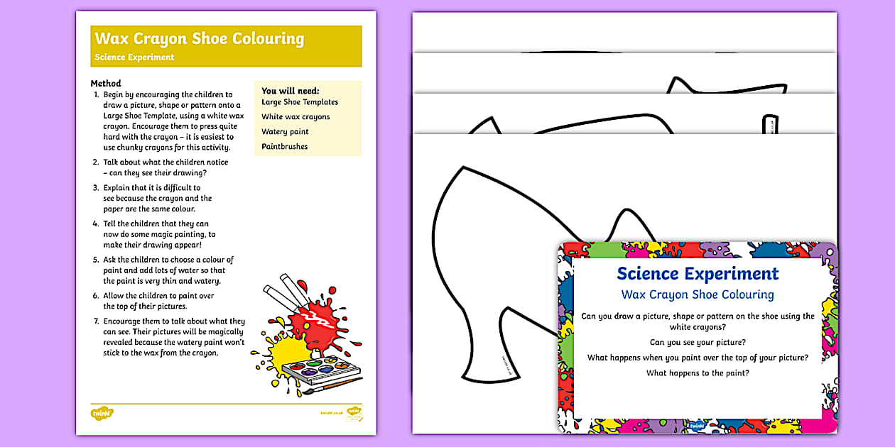 EYFS Wax Crayon Shoe Colouring Science Experiment and Prompt Card Pack