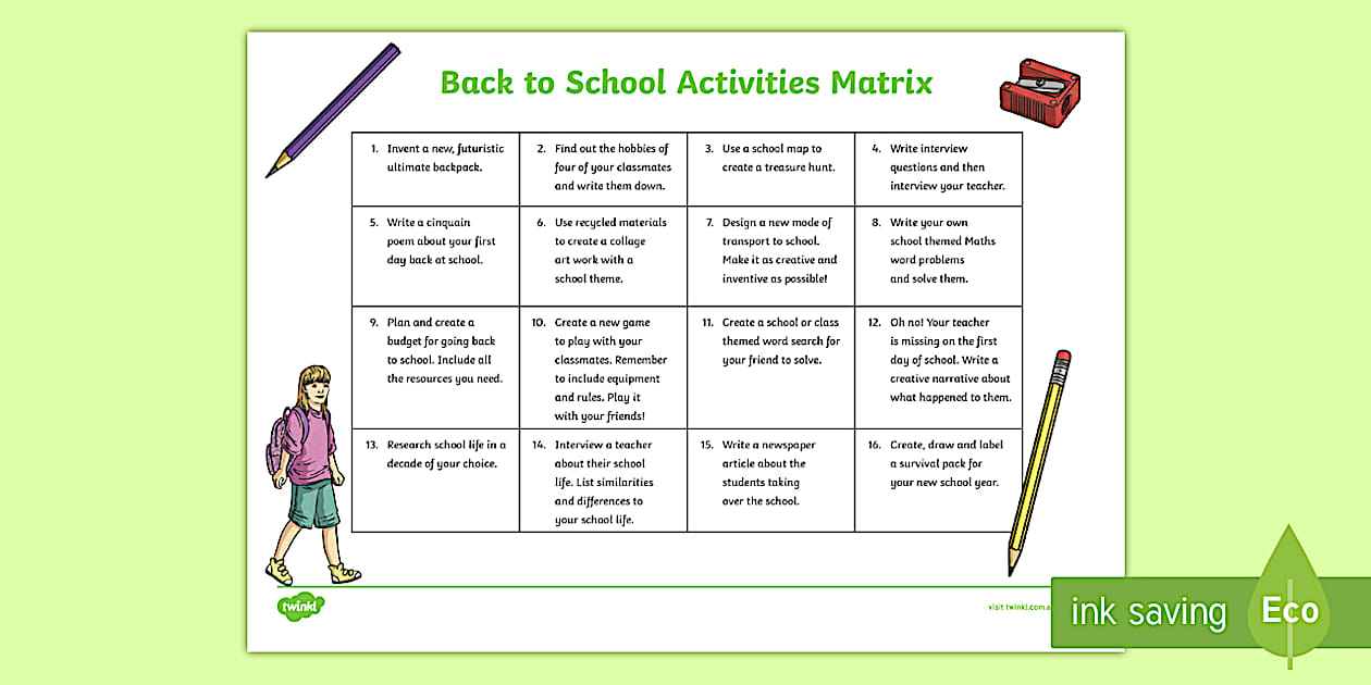 Black and White Back to School Matrix Worksheet - Twinkl