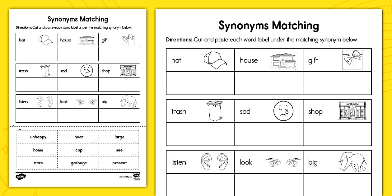 Kindergarten Synonyms Matching Cut and Paste Worksheet