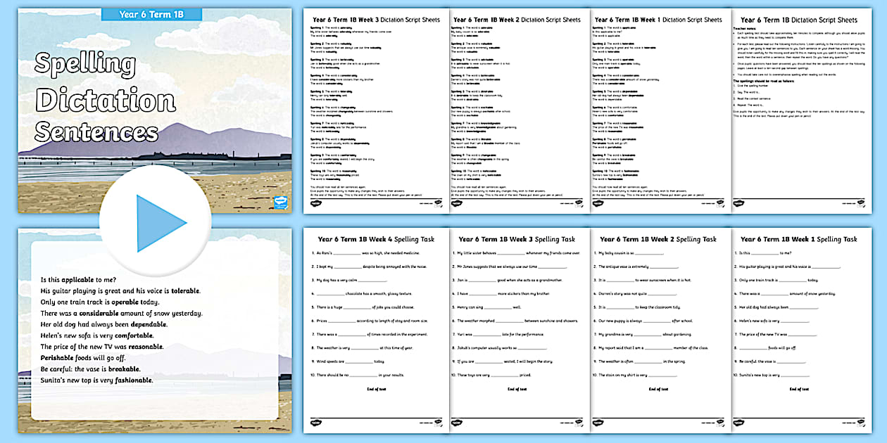 Year 6 Term 1B Spelling Dictation Sentences Activity Pack