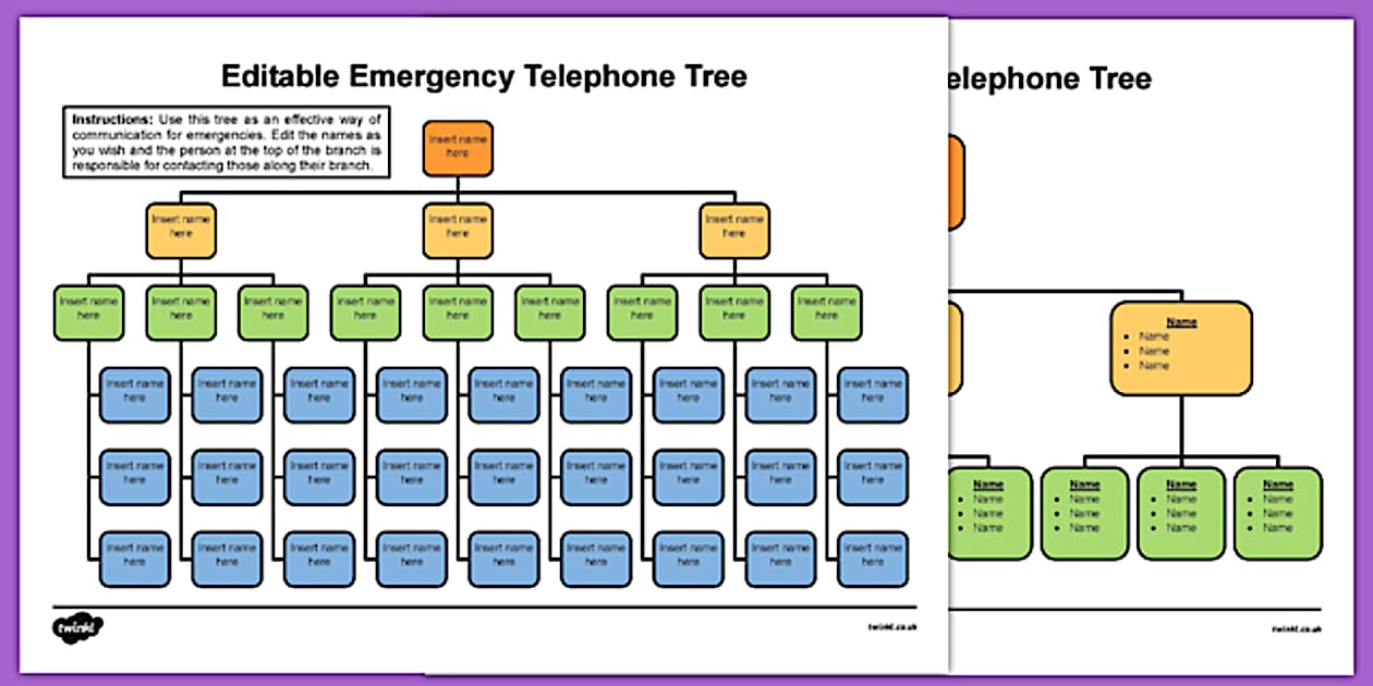 Black and White Editable Emergency Telephone Tree - Twinkl