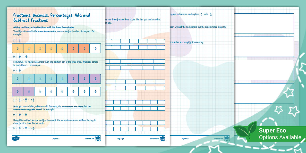 Fractions Decimals Percentages Add And Subtract Fractions