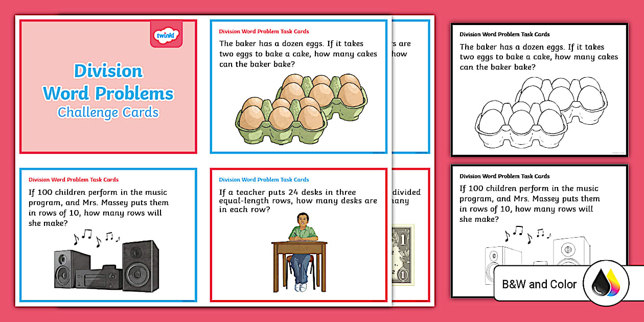 Division Word Problem Task Cards for 3rd-5th Grade - Twinkl
