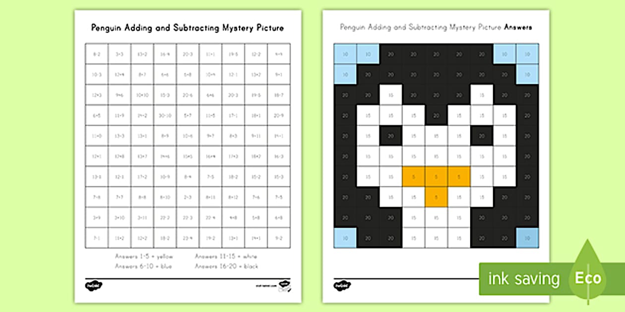 Editable Penguin Adding and Subtracting Mystery Activity Worksheet