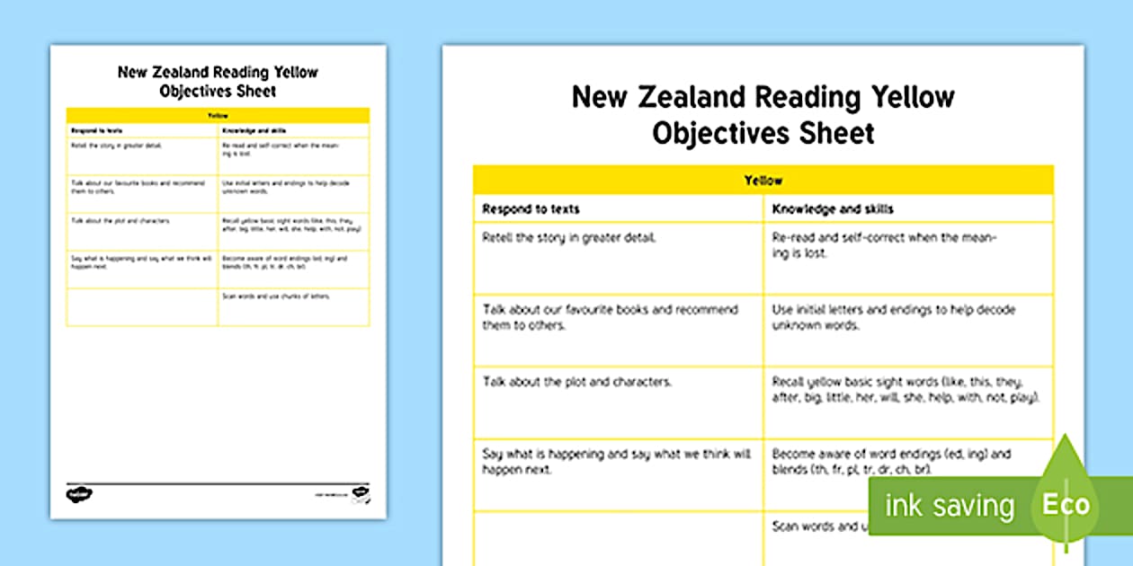 New Zealand Reading Yellow Objectives Sheet Adult Guidance