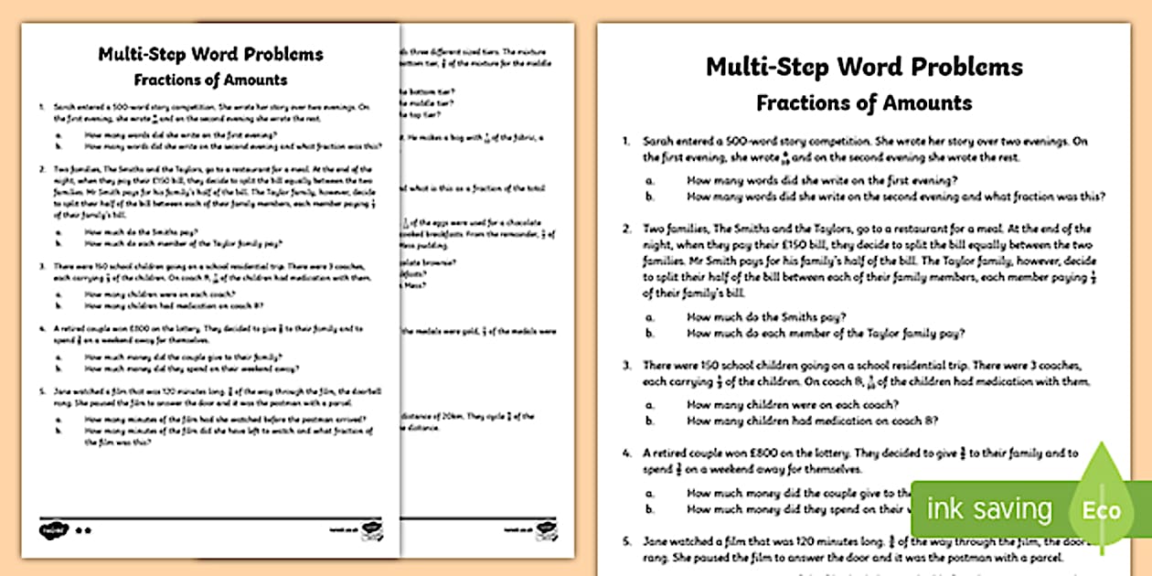 Editable Multi Step Fractions Of Amounts Maths Word Problems editable-multi-step-fractions-of-amounts-maths-word-problems