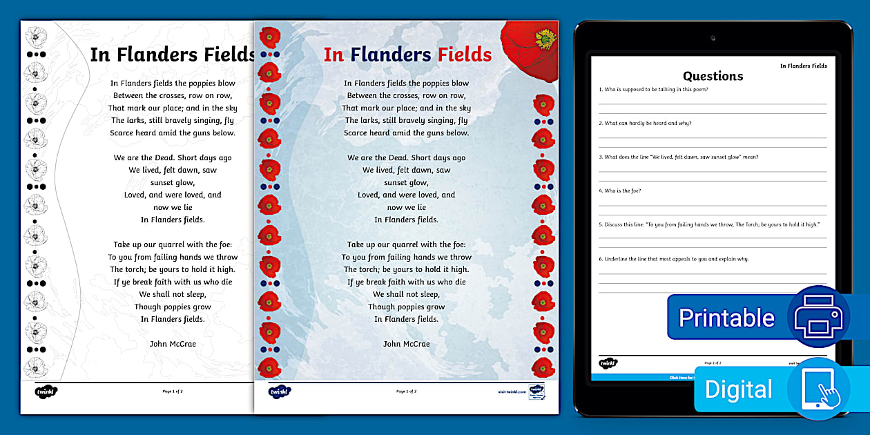In Flanders Fields Poem Analysis Worksheet for 6th-8th Grade