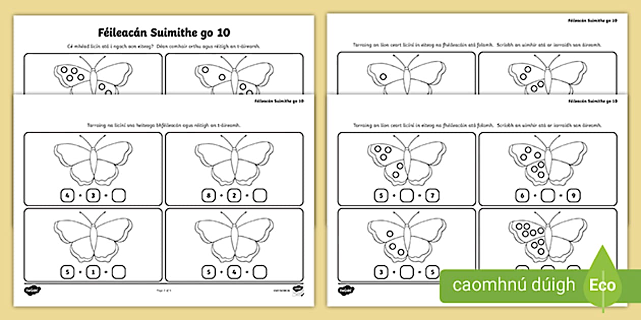 Butterfly Addition to 10 Gaeilge (teacher made) - Twinkl