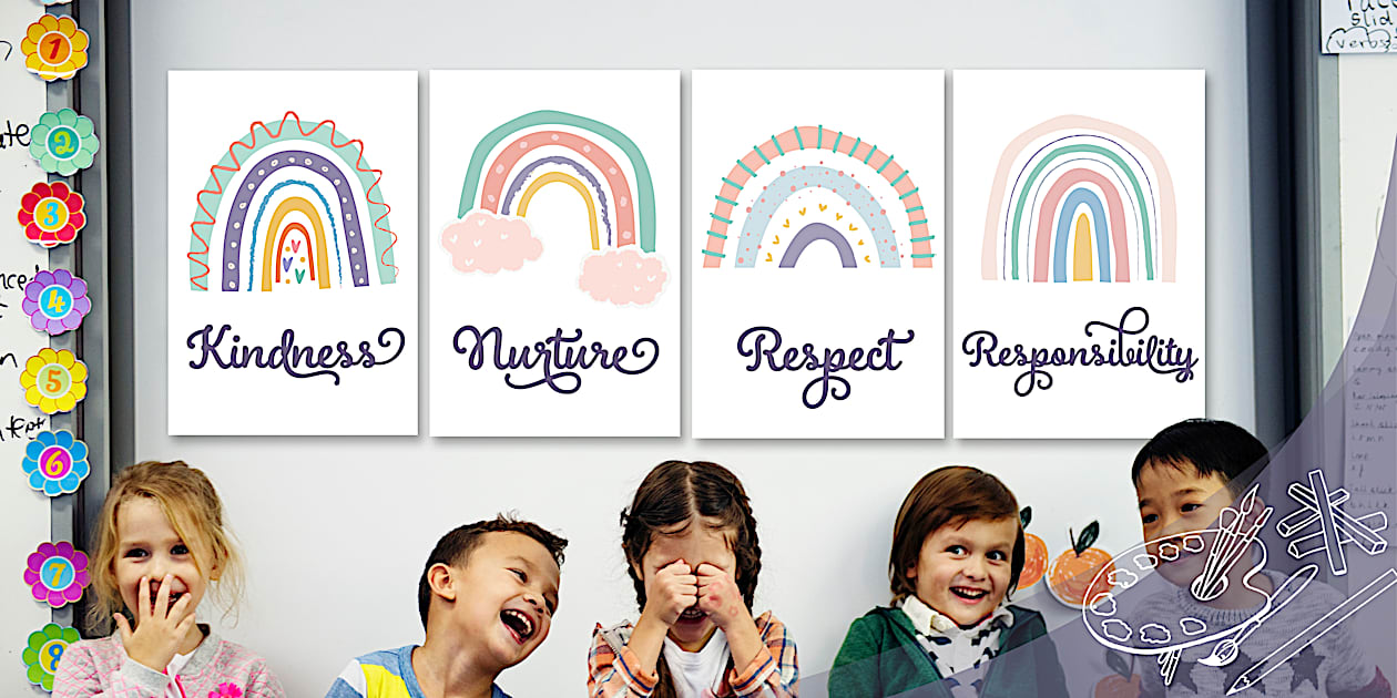 School Values Muted Rainbow-Themed Posters Pack - Twinkl