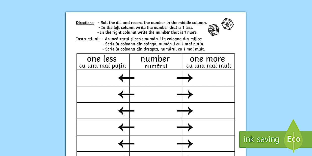 One More One Less Dice Worksheet / Worksheet English/Romanian - One ...
