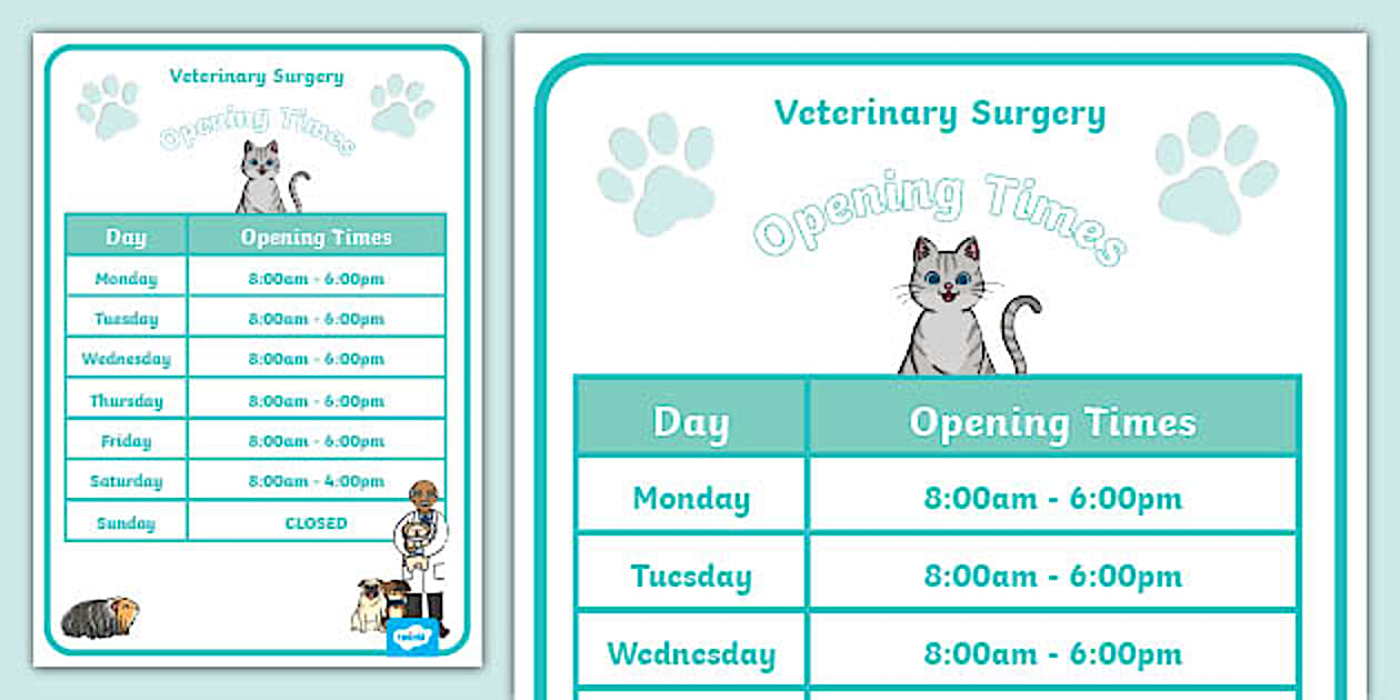 Cursive Vets Surgery Opening Times (Teacher-Made) - Twinkl