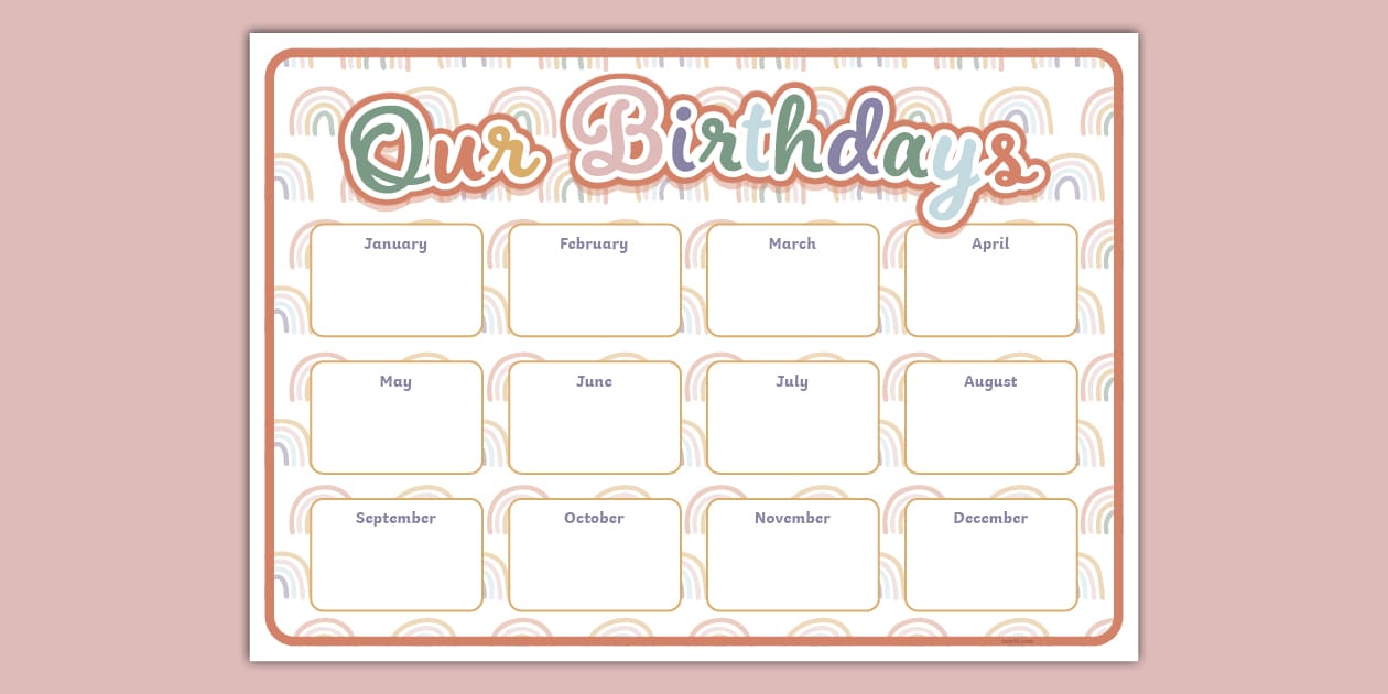 Muted Rainbow Themed Classroom Birthday Chart Display Poster
