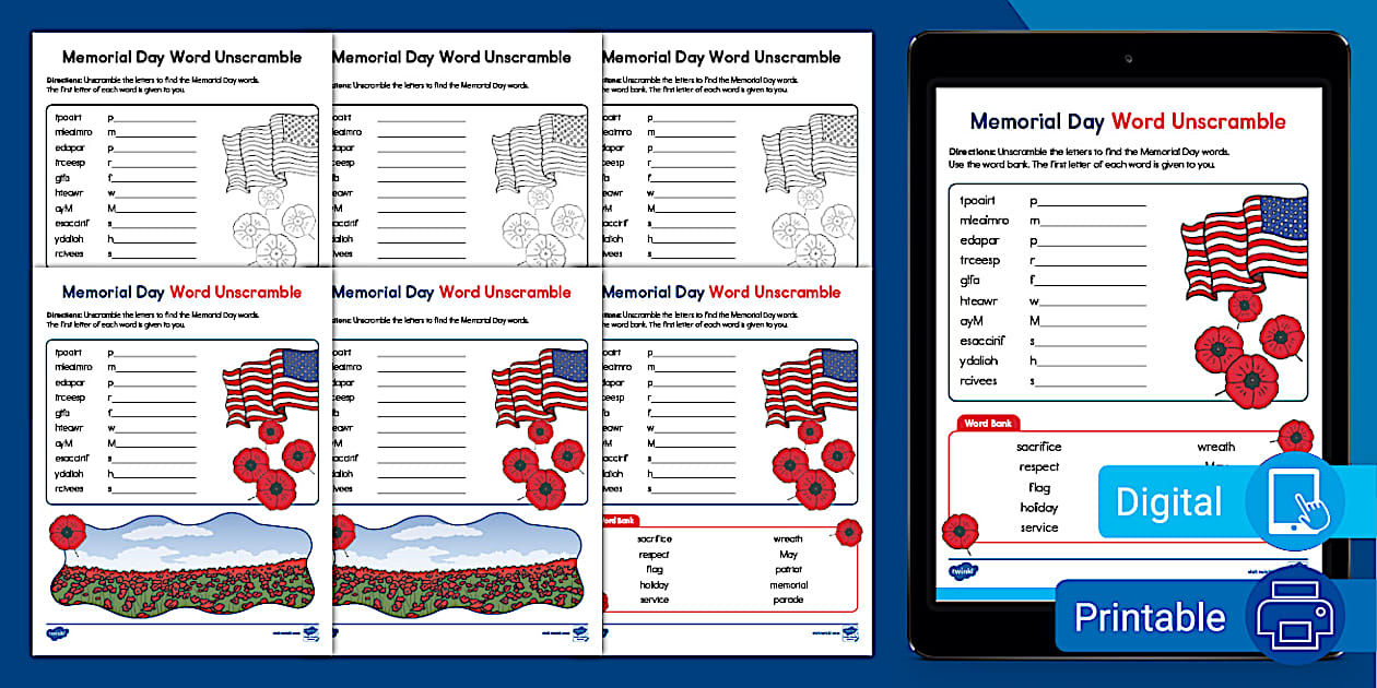 Memorial Day Differentiated Word Unscramble for K-2nd Grade