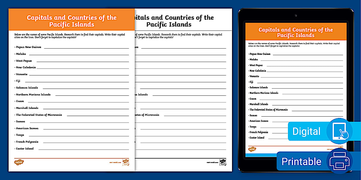 Pacific Islands Capitals and Countries Worksheet | Twinkl