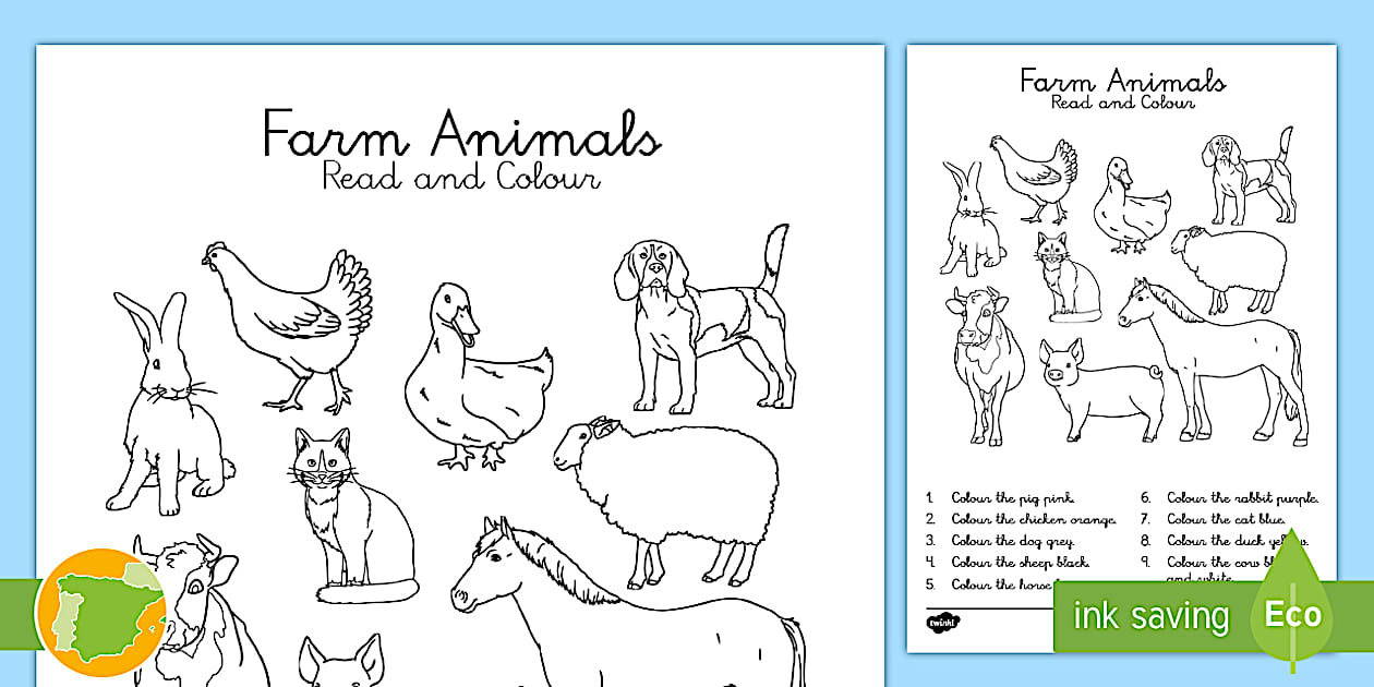 A2 Ficha de actividad: Lee y colorea los animales de la granja en inglés y