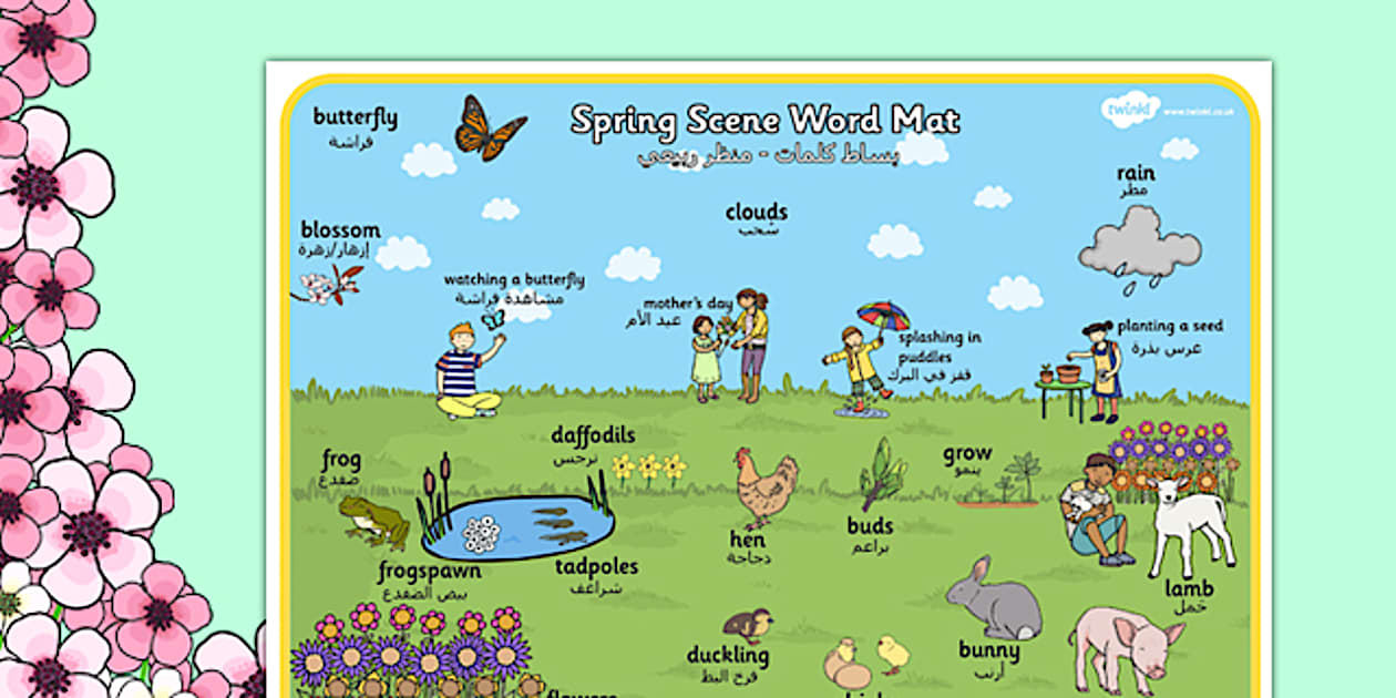 Spring Scene Word Mat Arabic Translation - Twinkl