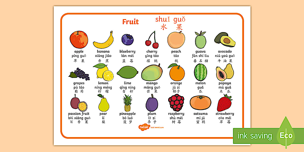 Fruit Word Mats English/Mandarin Chinese/Pinyin - Twinkl