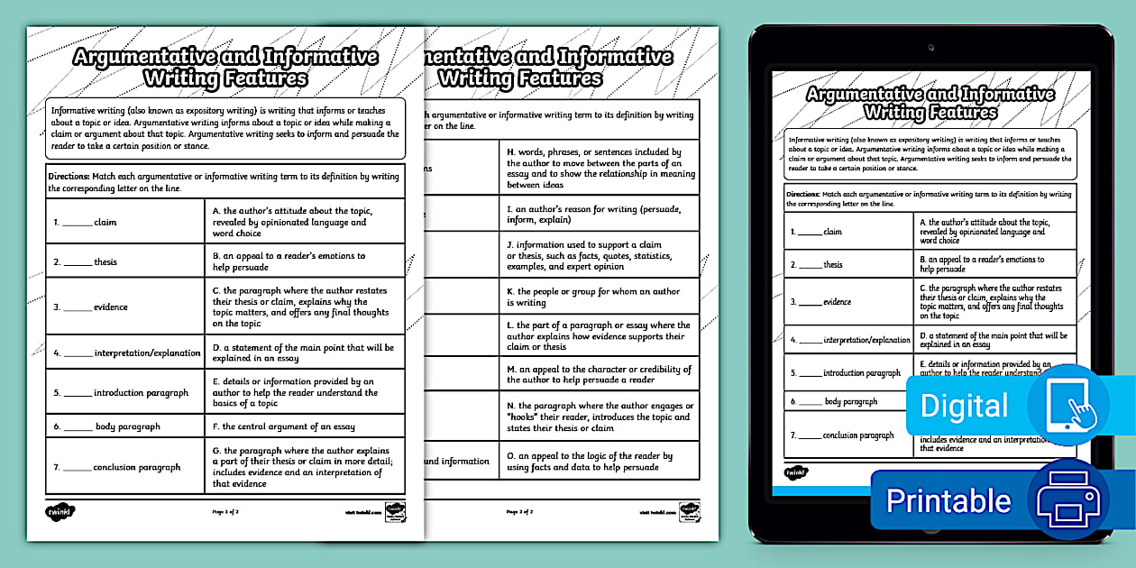 Sixth Grade Argumentative Informative Features Matching Wkst