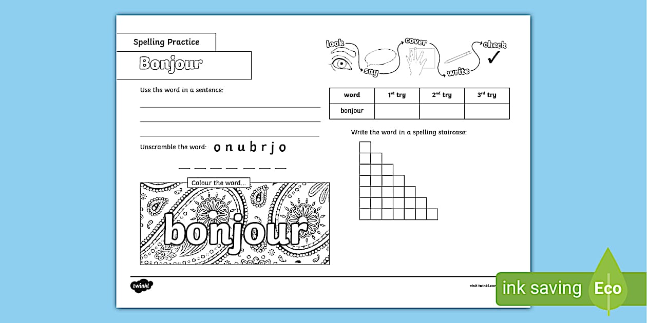 Bonjour Spelling Practice Worksheet (teacher made) - Twinkl