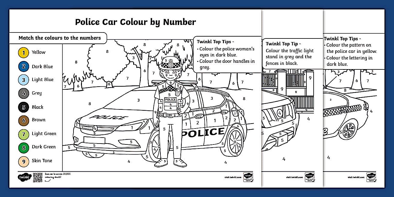 Police Car Colour by Number Pages