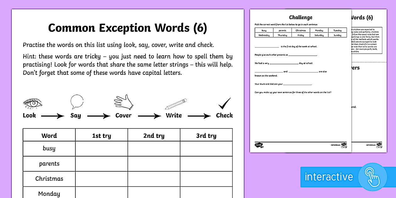 Year 2 Spelling Practice Common Exception Words (6) Worksheet