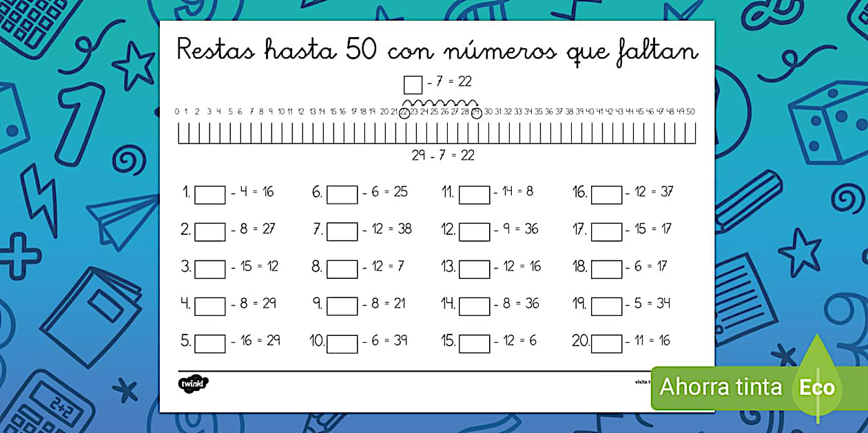 Ficha de actividad: Restas hasta 50 con números que faltan