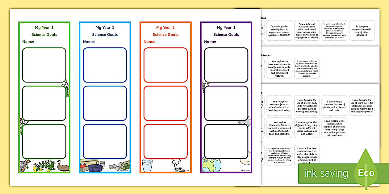 Year 1 Australian Curriculum Science Goals Bookmarks
