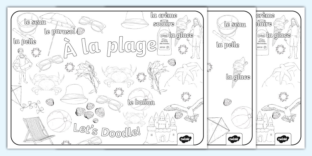 👉 French: At the Beach Doodle Colouring Pages - KS2 - Twinkl