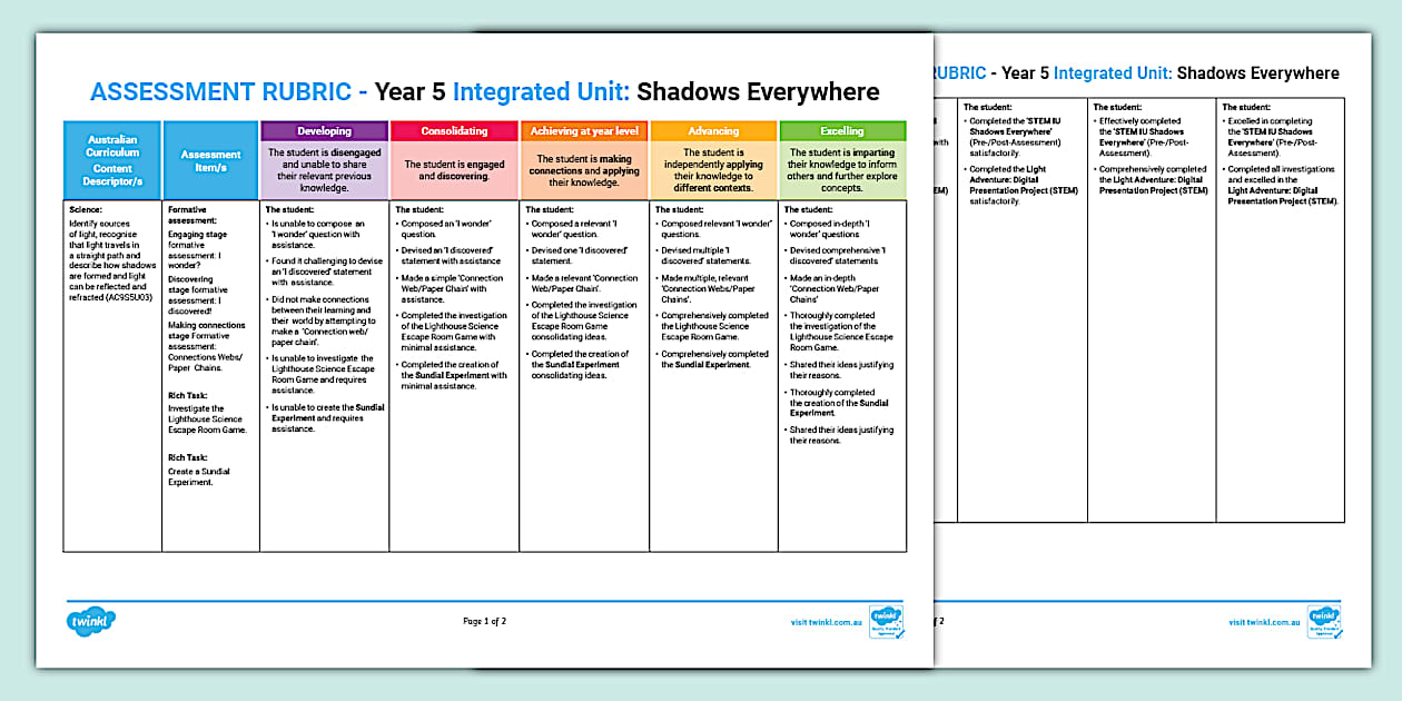 STEM IU Yr 5 Shadows Everywhere Assessment Rubric - Twinkl