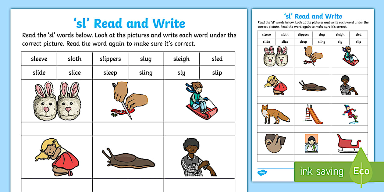Black and White 'sl' Blend Read and Write Worksheet - Twinkl