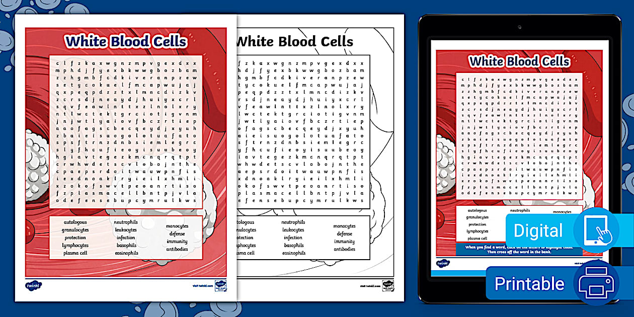 White Blood Cells Word Search for 6th-8th Grade - Twinkl