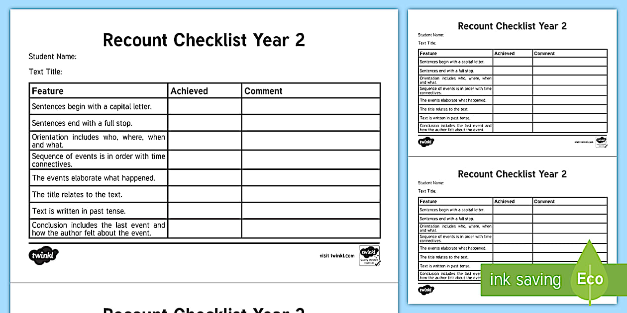 Year 2 Recount Checklist (teacher made) - Twinkl