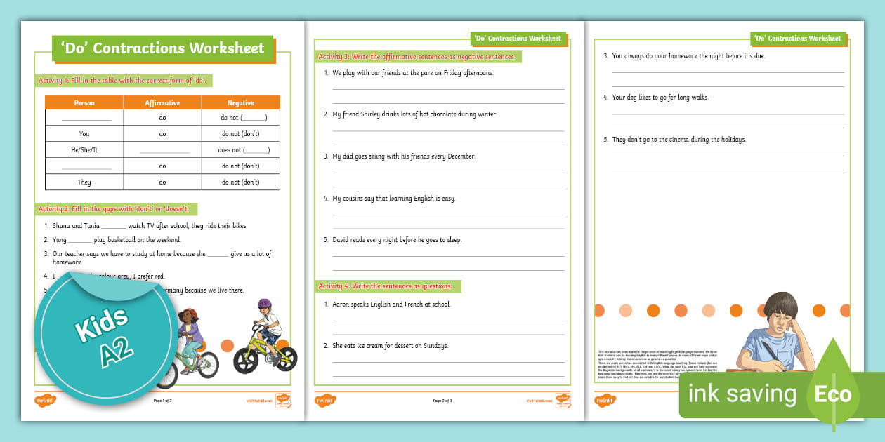 ESL 'Do' Contractions Worksheet [Kids, A2] (teacher made)
