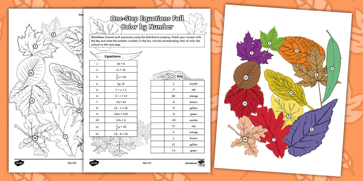 Seventh Grade One-Step Equations Fall Color by Number