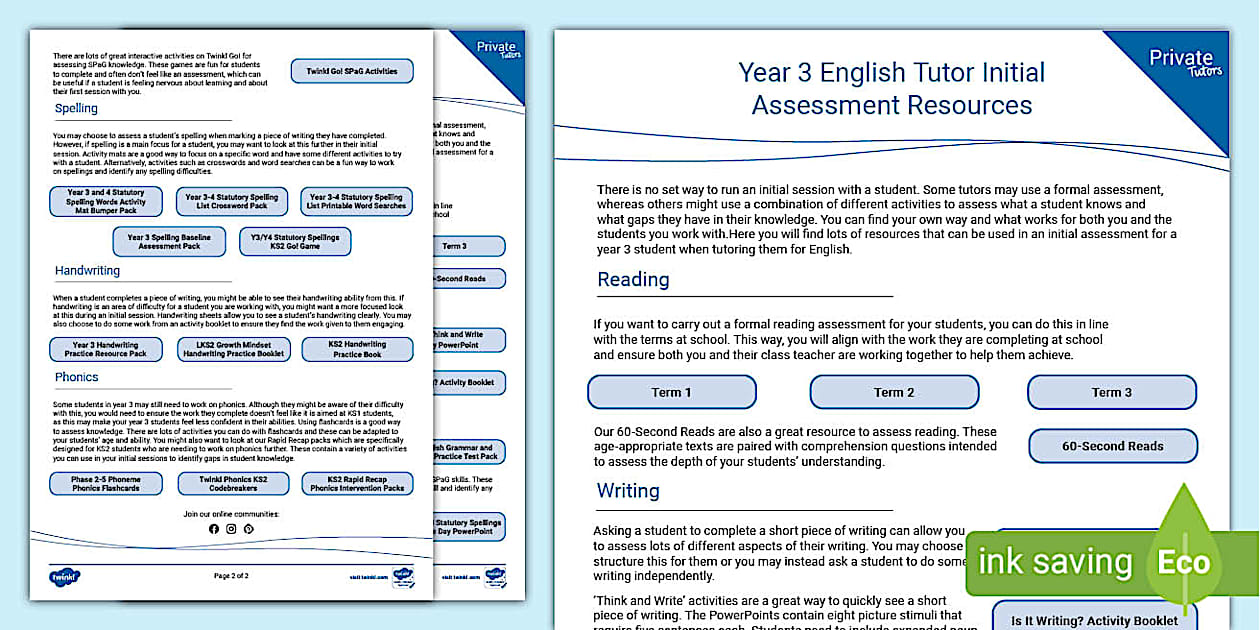 Year 3 English Tutor Initial Assessment Resources - Twinkl