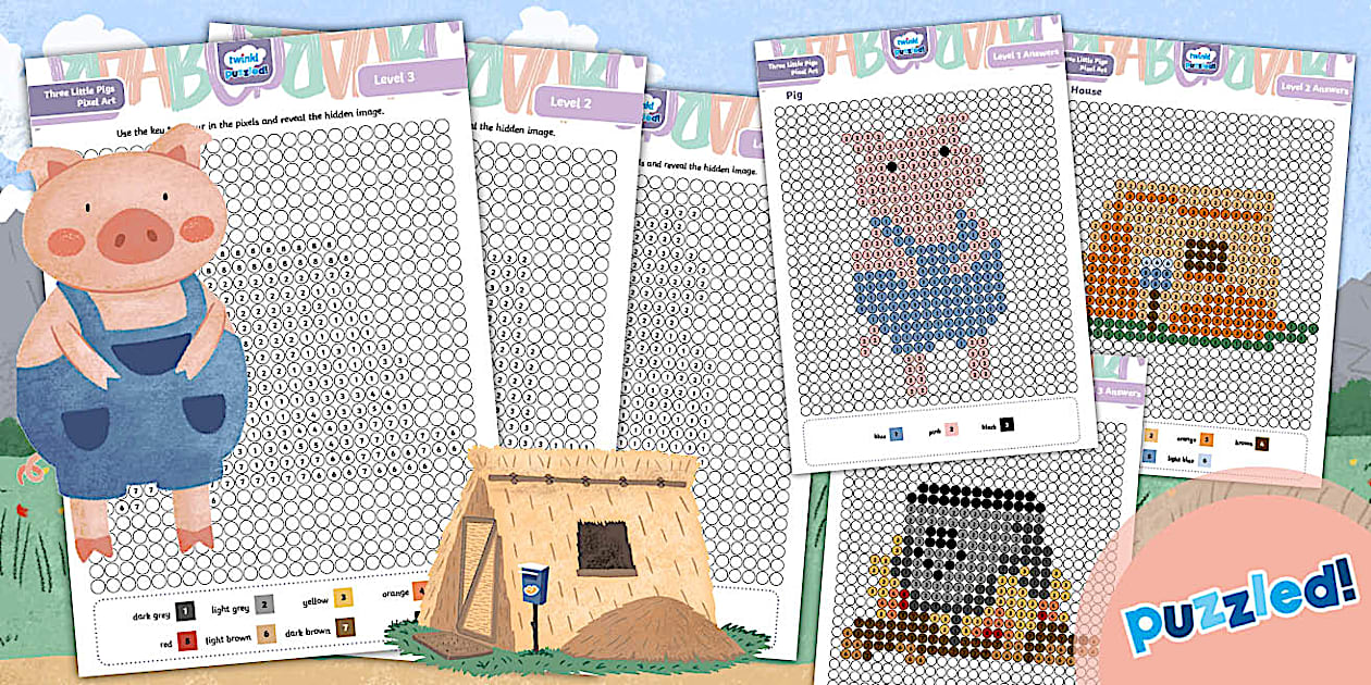 Three Little Pigs Pixel Art Colouring Puzzle | Twinkl Puzzled