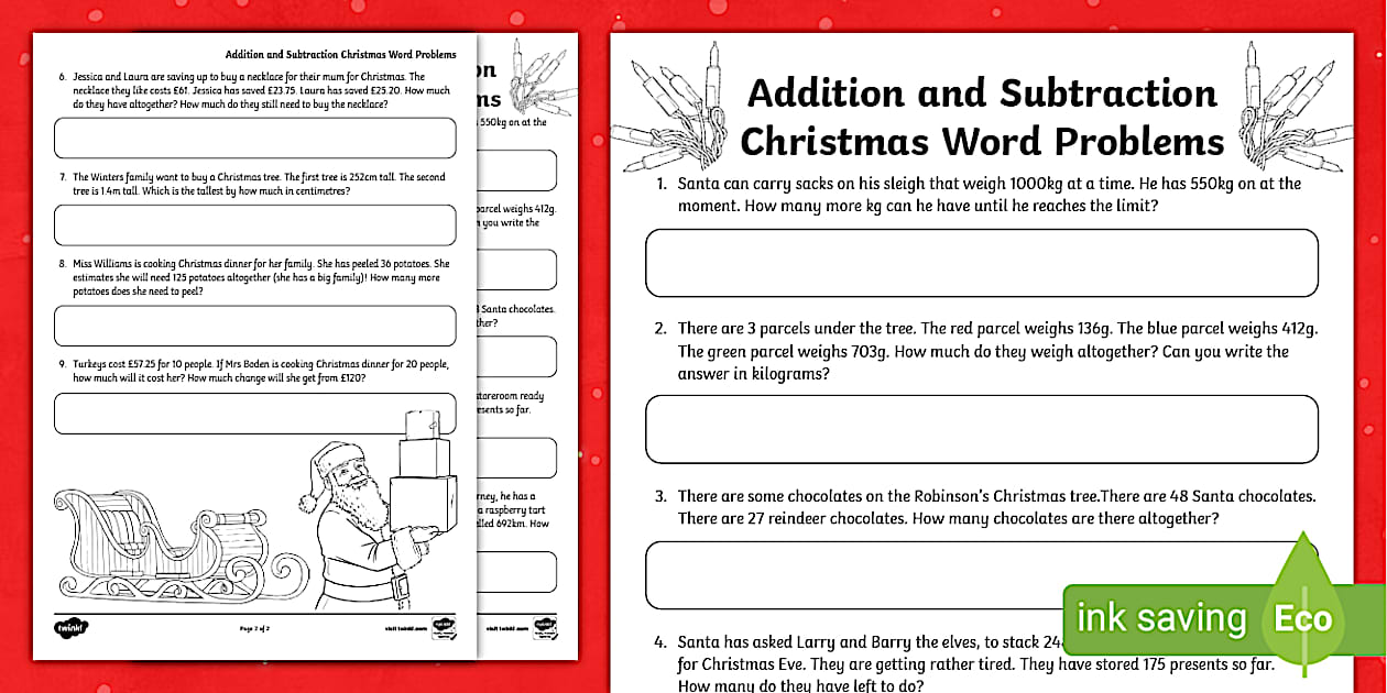 Addition and Subtraction Christmas Word Problems Activity Sheet