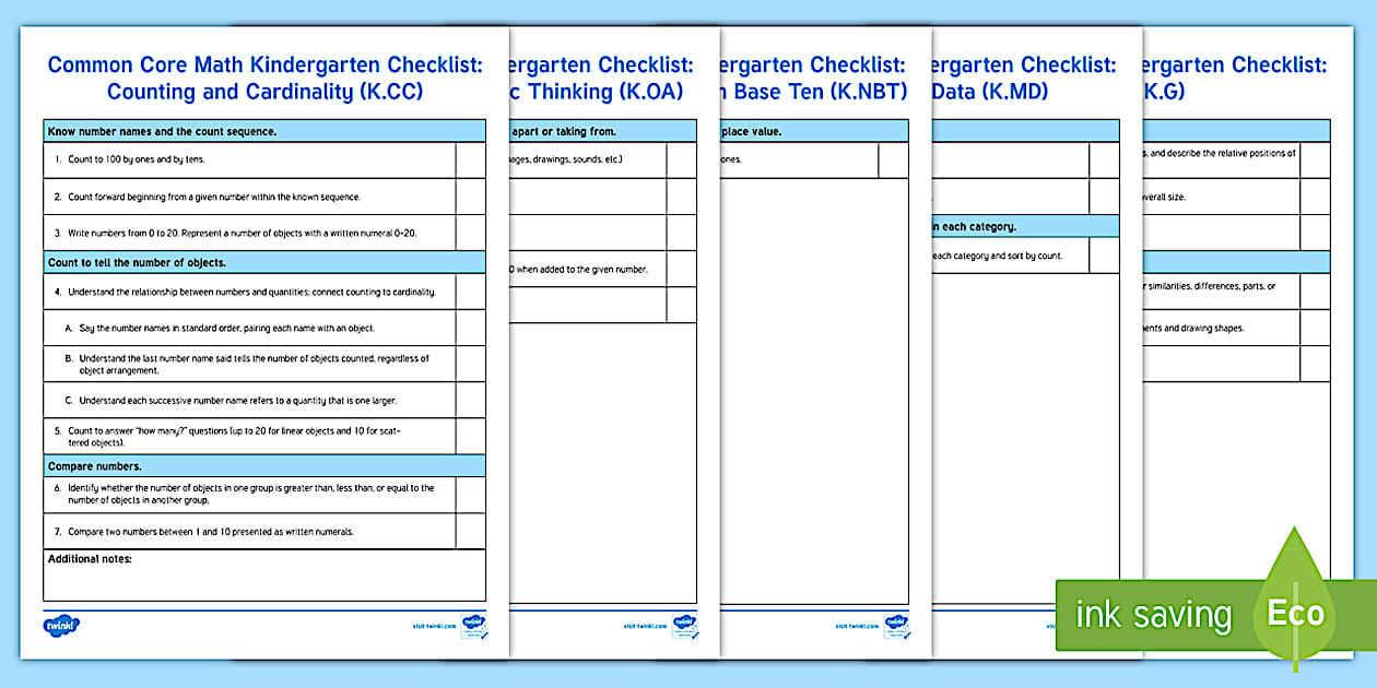 Kindergarten Common Core State Standards Math Checklist