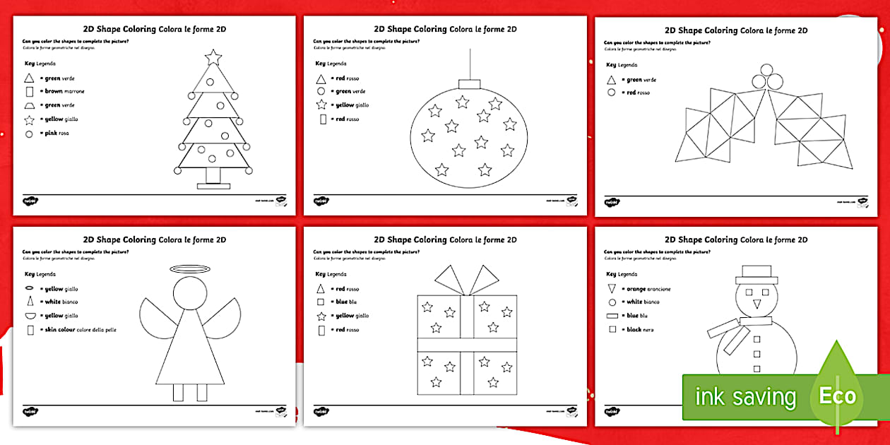 Christmas Colour by 2D Shape Worksheet / Worksheet English/Italian